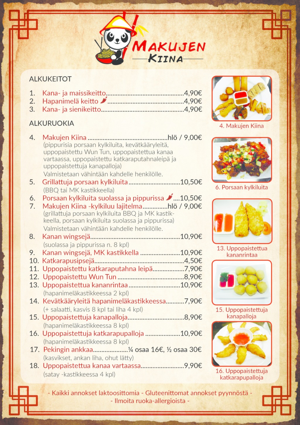 Ruokalista – Kiinalainen Ravintola: Ii, Pohjois-Pohjanmaa.